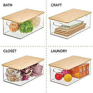 mDesign Plastic Stackable Storage Organizer Container Bin with Handles, Bamboo Wood Lid; for Kitchen, Pantry, Cabinet Organization; Holds Packaged Food, Snacks; Ligne Collection, 4 Pack, Clear/Natural