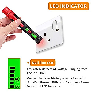 Neoteck Non-Contact AC Voltage Tester Pen Phase Sequence Detector with Adjustable Sensitivity 12V-1000V/48V-1000V, LCD Display, Buzzer Alarm, LED Flashlight, Live/Null and 3 Phase Wire Judgment