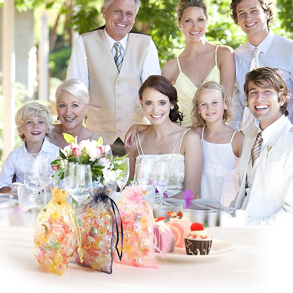 ENNIYU 100 Pieces Moon Star Organza Bags, 4x6“ Mixed Color Christmas Wedding Favors Gift Drawstring Bags Jewelry Pouches Candy Mesh Pouches