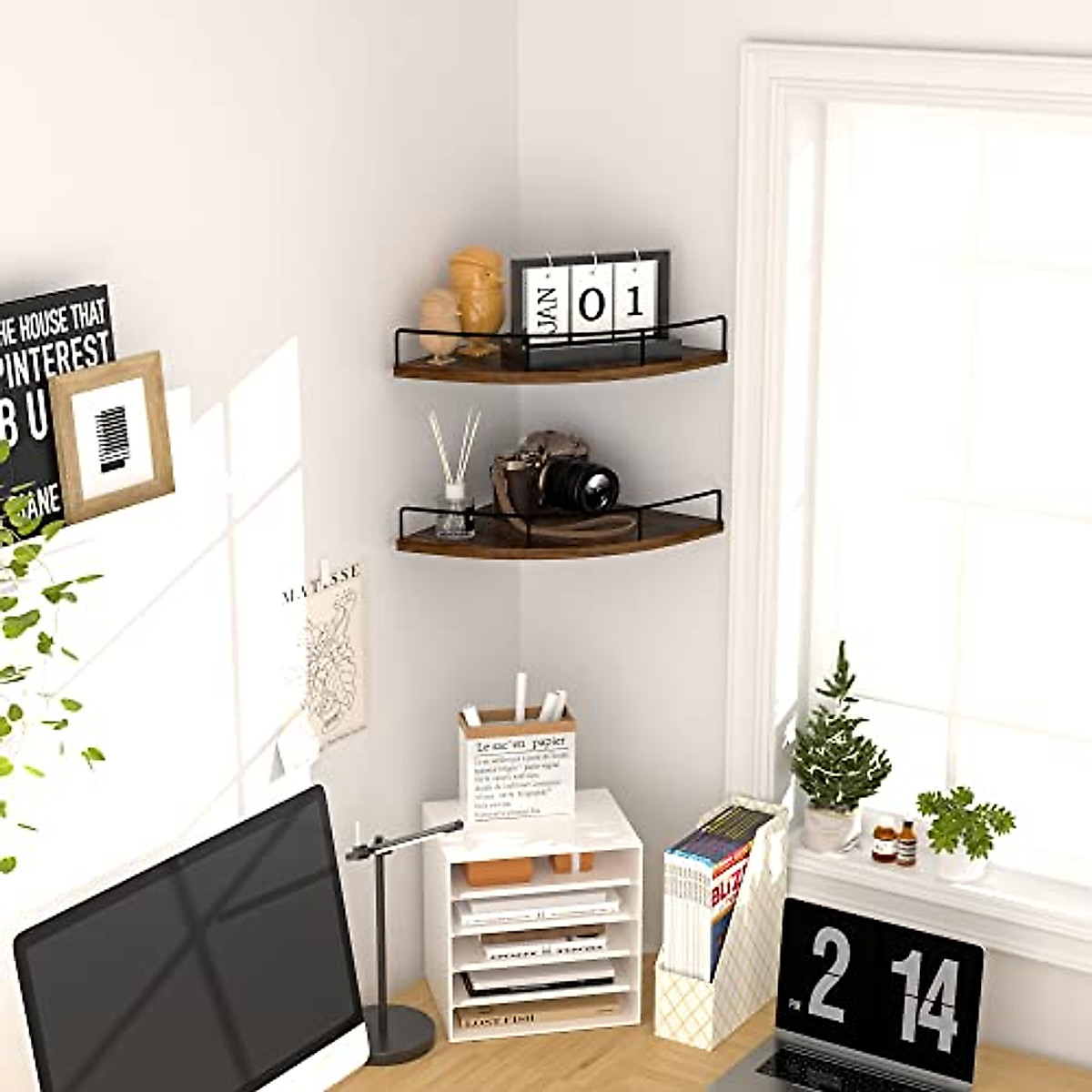 Yelinkws Corner Shelf Wall Mount,Set of 2 Floating Corner Shelves, Corner Wall Shelves with Fence,Rustic Corner Floating Shelves,Wood Corner Shelves(12inch)