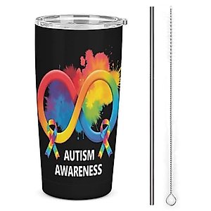 Autism Awareness Infinity Ribbon 20 OZ Stainless Steel Tumbler Travel Car Coffee Mug with Straw Lid Cleaning Brush Coffee Tumbler Mug for Women Men