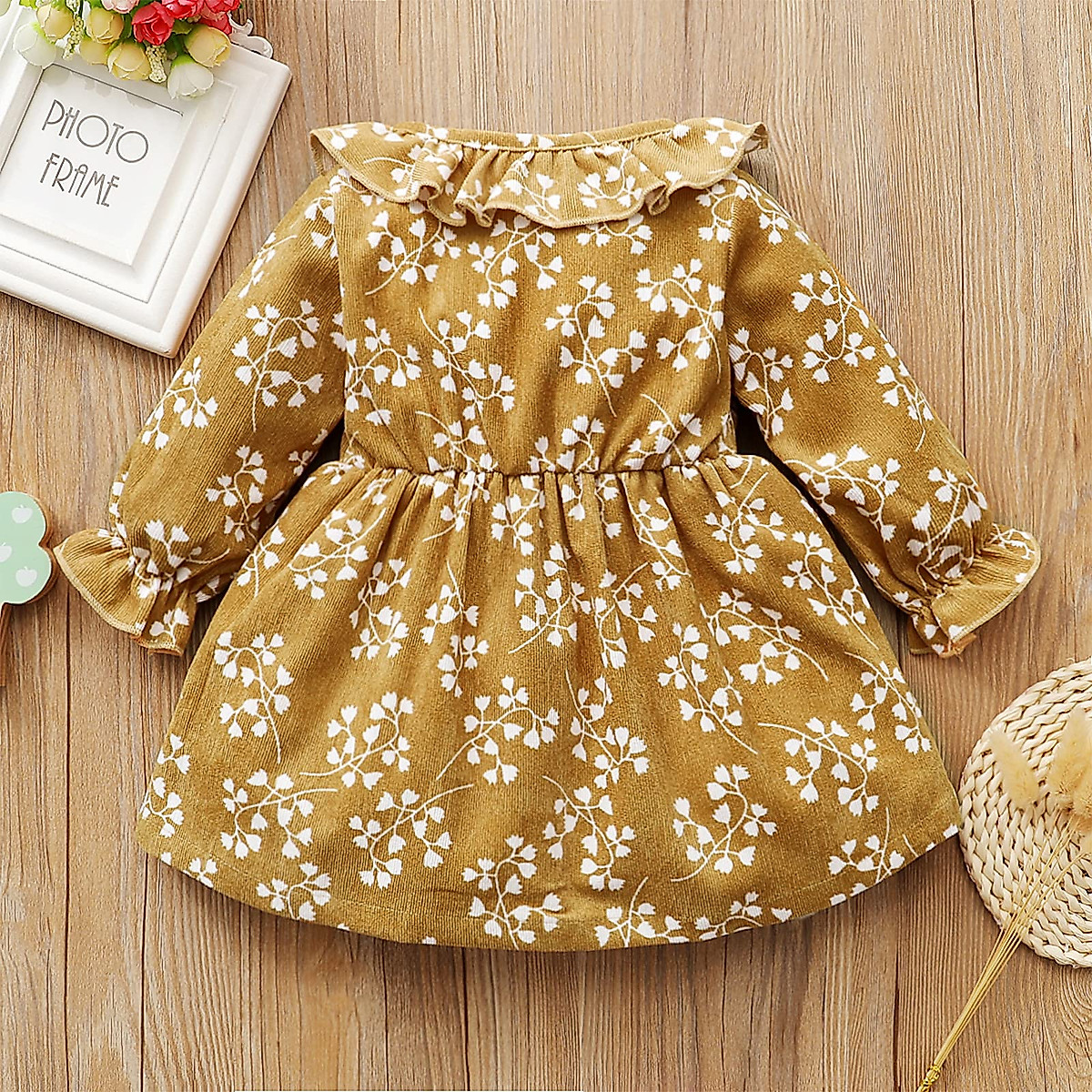 Newborn Baby Girl Fall Winter Corduroy Dress Ruffle Long Sleeve Floral Dresses Infant Flower Clothes (Brown, 0-3 Months)