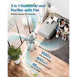 YOKEKON Humidifier and Purifier in One - Purifier and Humidifier Combo with Oscillating Fan, Evaporative Large Room Humidifier for Bedroom, Sleep Mode, Timer, Baby Adults Office Yoga Plants, White, 4L