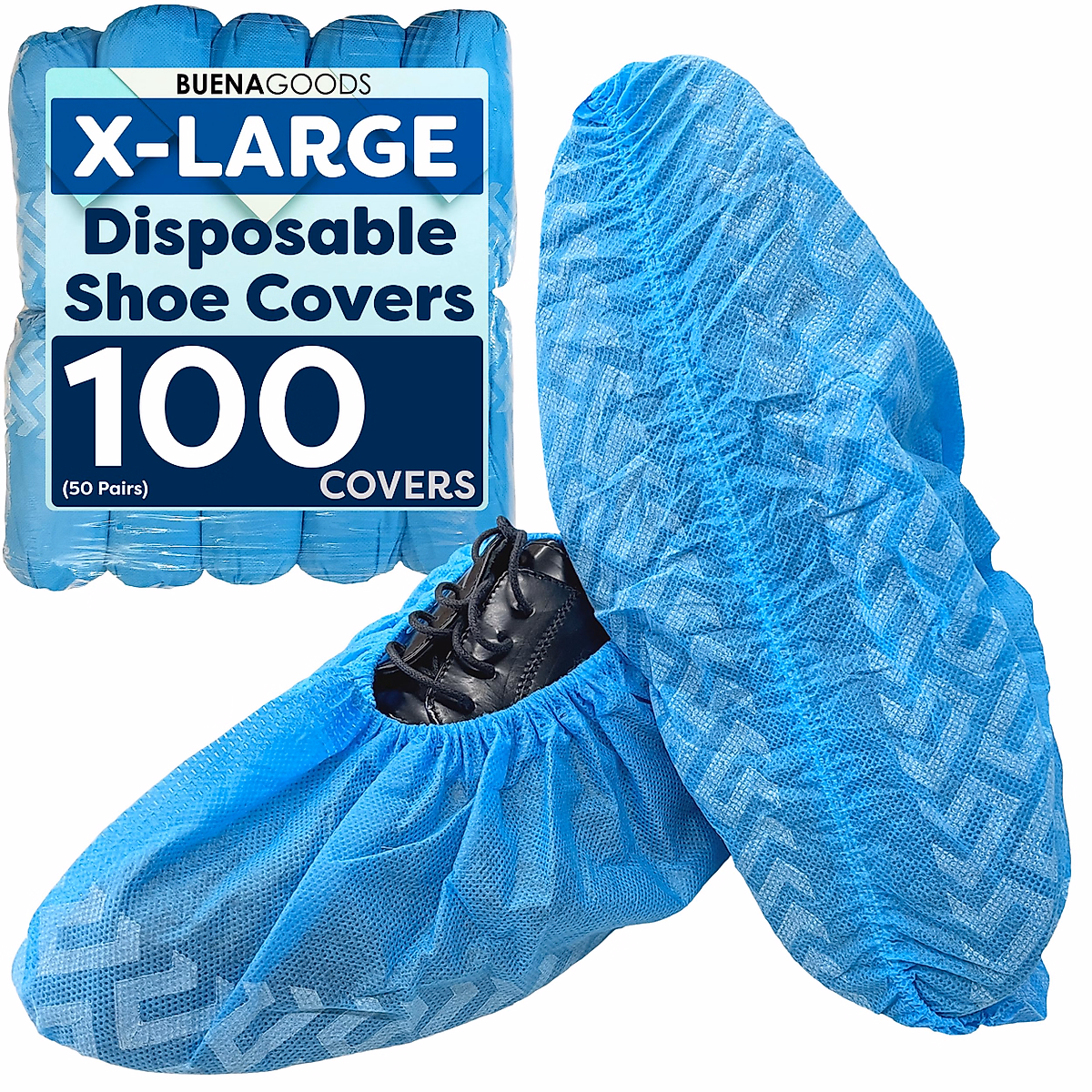 Buena Goods 100 Pack Extra Large Disposable Blue Boot and Shoe Covers - Indoor Reusable Shoe Covers Disposable - Non Slip Booties - Fits US Men's Size 14 and Women's 16 Size