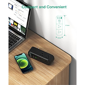 USB Outlet Extender Surge Protector - with Rotating Plug, 1800 Joules, 6 AC Multi Outlet and 3 USB Ports (1 USB C), 3-Sided Swivel Power Strip with Spaced Splitter for Home, Office, Travel