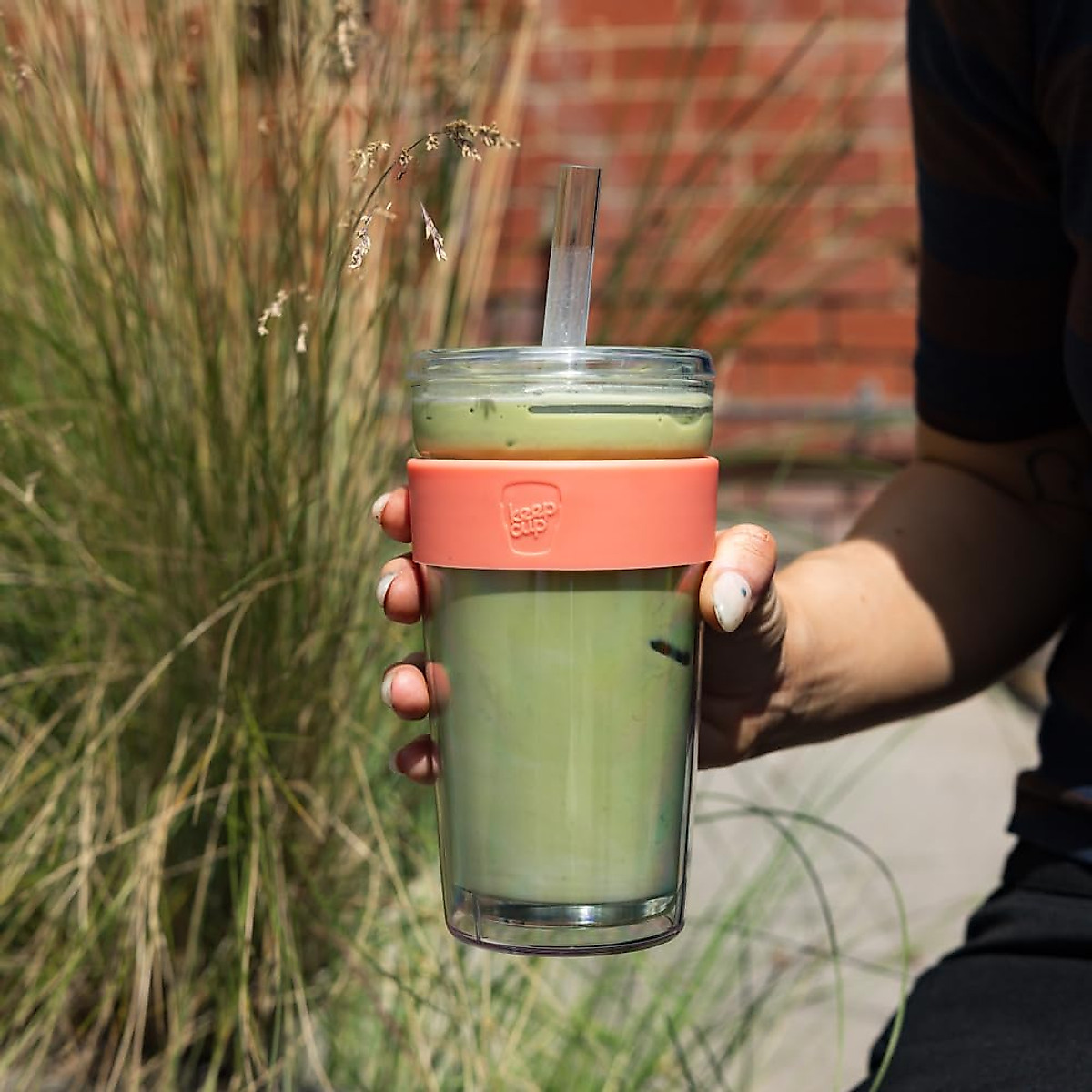 KeepCup Cold Cup - Longplay Double wall Glass Ice Coffee Tumbler with Lid and Straw - 16oz (454ml) - Californian Shrimp