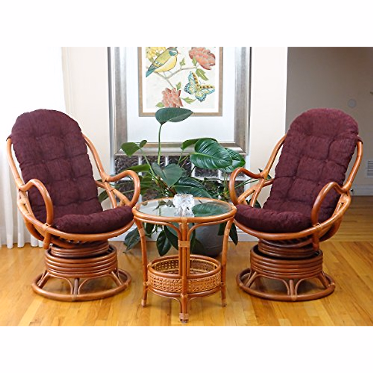 Lounge Swivel Rocking Rattan Wicker Java Chair w/Red Cushion, Colonial Color