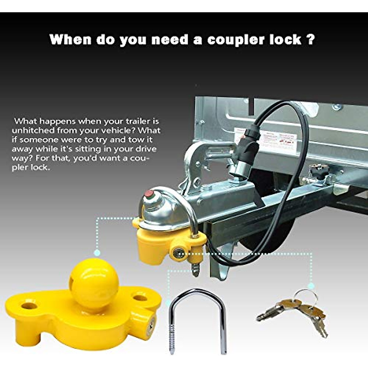 GOHAWKTEQ Universal Coupler Lock Universal Coupler Trailer Hitch Security Lock Adjustable Storage Security Heavy-Duty Steel fits 1-⅞", 2", and 2-5/16" couplers Replaces#72783