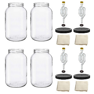 North Mountain Supply 1 Gallon Glass Wide Mouth Jar With Drilled Black Plastic Lid, 6-Bubble, & Cheesecloth - Set of 4 - USDA Approved, BPA-Free, Dishwasher Safe For Fermenting