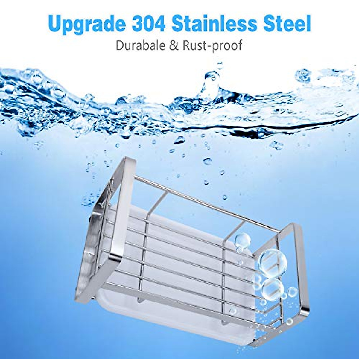 Kitchen Sink Caddy Organizer, Sponge Holder for Sink, Sponge、Soap and Brush Holder/Organizer with Drain Pan, 304 Stainless Steel Rustproof Sponge Holder for Sink