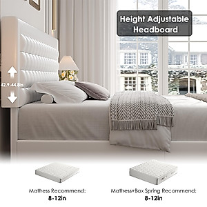 HIFIT Full Size Bed Frame, Full Modern PU Leather Upholstered Platform Bed with Button Tufted Adjustable Headboard and Solid Wood Slats Foundation, No Box Spring Needed, No Noise, Easy Assembly, White