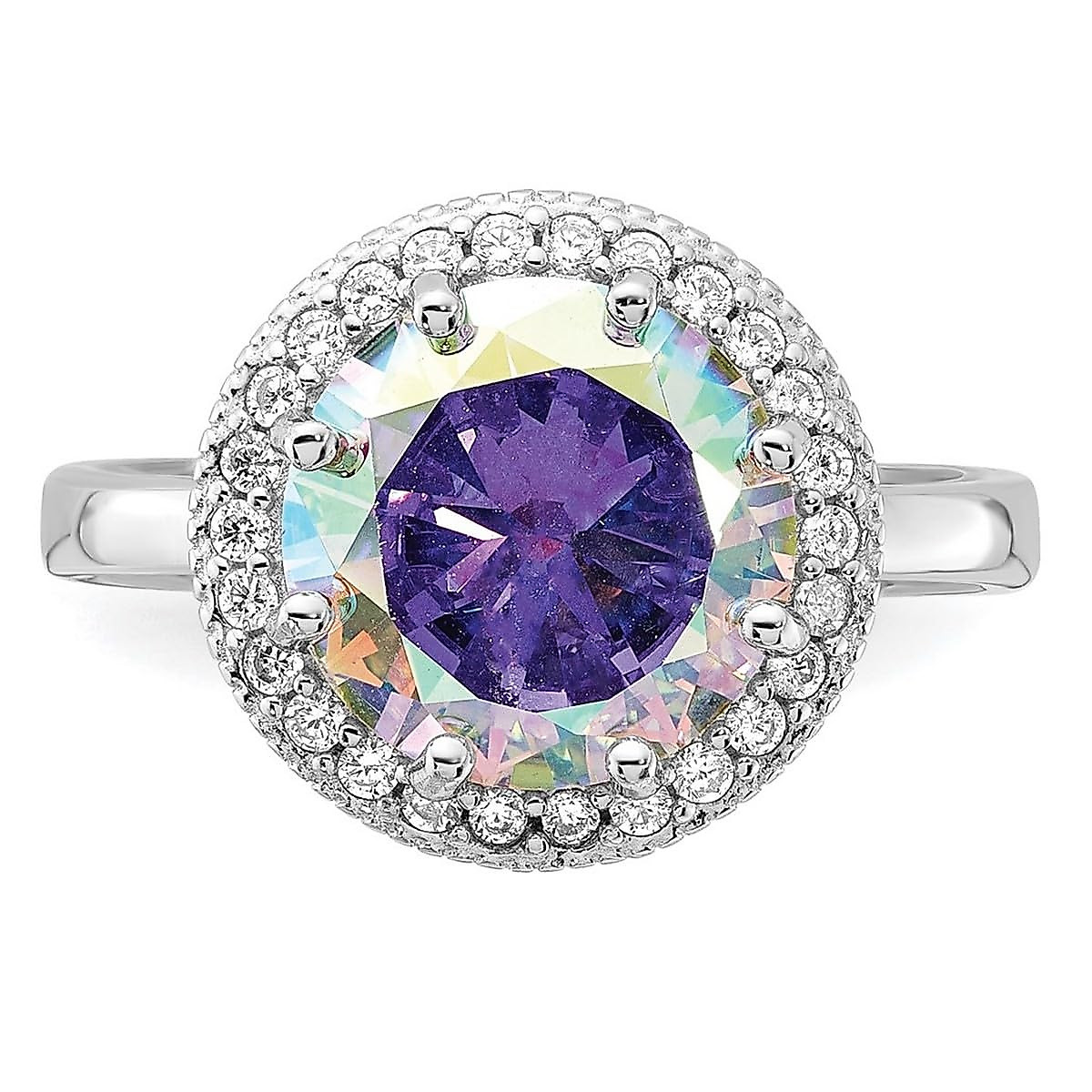 925 Sterling Silver Rhodium Plated Clear and Iridescent CZ Cubic Zirconia Simulated Diamond Round Halo Ring Size 8 Jewelry for Women