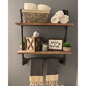 SSS Furniture Industrial Pipe Shelf Bathroom Shelves Wall Mounted, 2 Tier 19.6in Rustic Wood Floating Shroom Decor Wall Shelfelves with Towel Bar, Farmhouse Rustic Bath