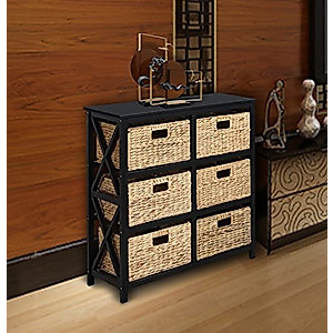 eHemco 3 Tier X-Side End Storage Cabinet with 6 Wicker Baskets, Black
