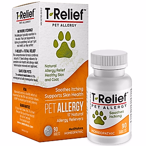 T-Relief Pet Allergy Support for Dogs & Cats Itchy Relief Supports Healthy Skin & Coat Natural Medicine Helps Soothe Hot Spot Itching Paws Licking Runny Nose Sneezing Watery Eyes - 90 Tablets