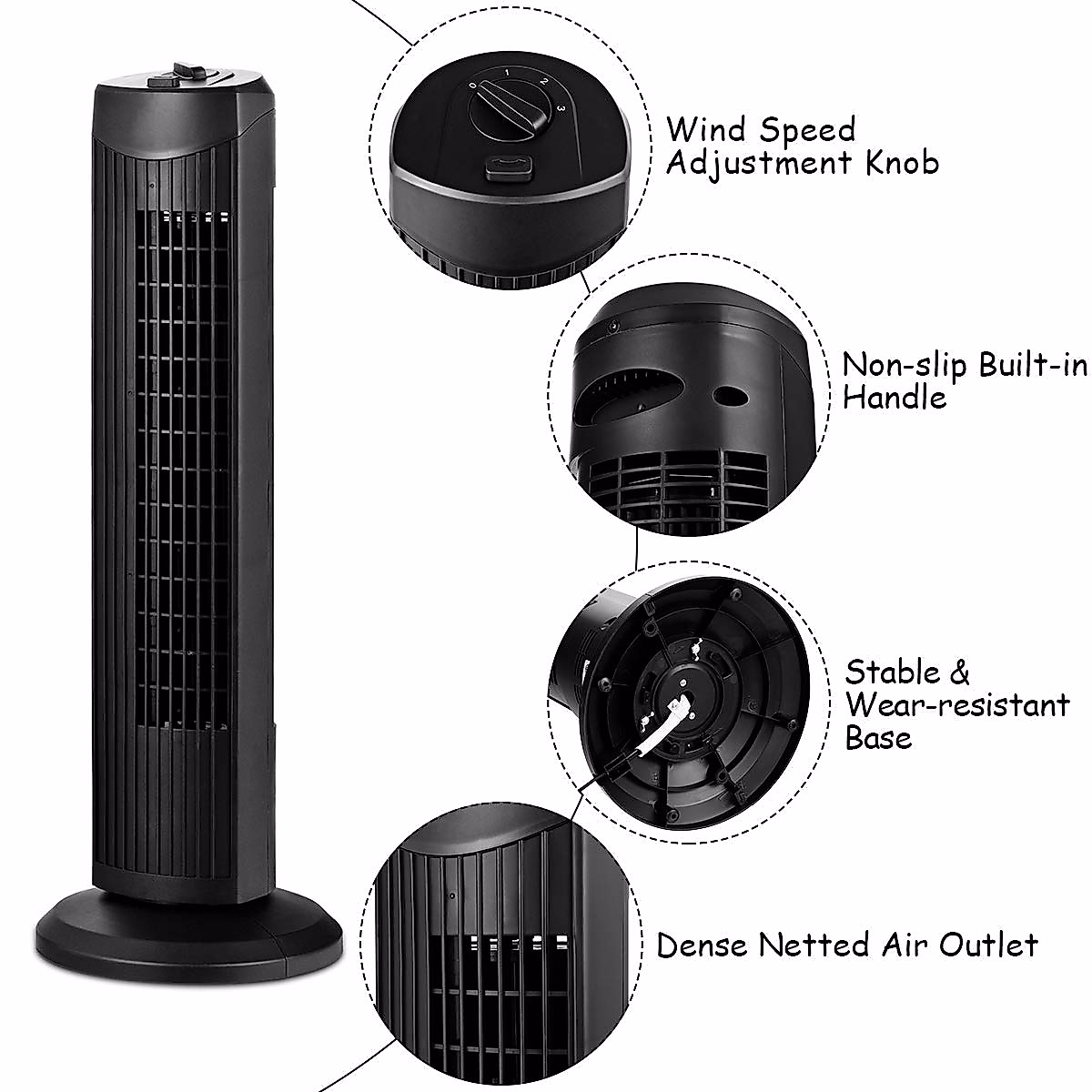 COSTWAY Tower Fan, 28-Inch Oscillating Tower Fan, Quiet Cooling Whole Room Bladeless, 3 Speed, 3 Wind Mode, Oscillating Tower Fan for Bedrooms, Living Rooms, Kitchen (Black)
