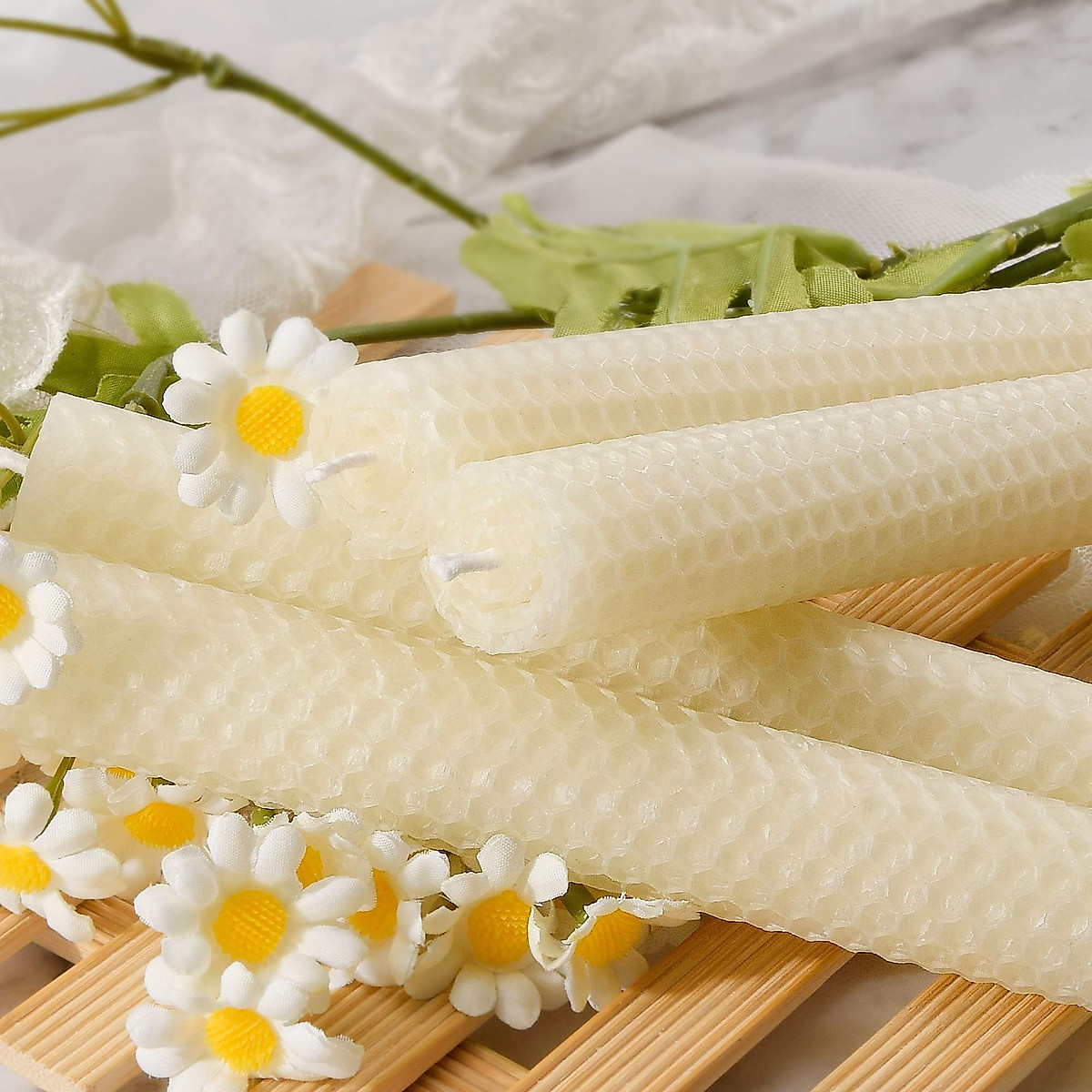 Honeycomb Beeswax Taper Candles 8 Inch, 6 Pack Hand-Rolled Pure Bees Wax Candlesticks - Dripless, Smokeless and Dripless - 5 Hours Long Burning Time for Home Decor Party Wedding