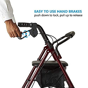 Medline Rollator Walker with Seat, Steel Rolling Walker with 6-inch Wheels Supports up to 350 lbs, Medical Walker, Burgundy