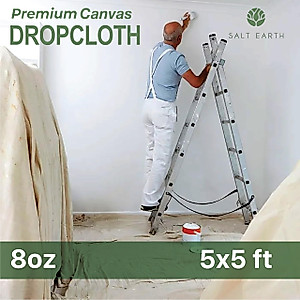 Canvas Drop Cloth by Salt Earth, Pack of 1 Reusable Paint Drop Cloth, 100% Recycled Cotton, All Purpose Painters Drop Cloth, Cotton Canvas Tarp Cover for Painter Furniture & Floor Protection (5x5 FT)