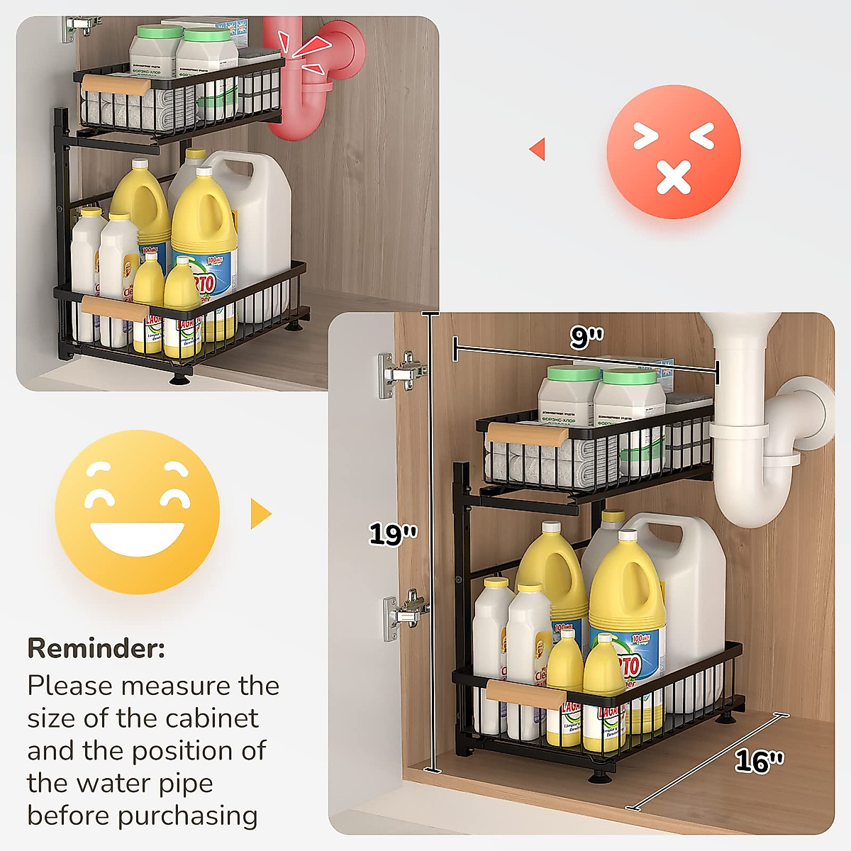 Under Sink Organizer, Pull Out Cabinet Organizer, Metal 2-Tier Under Sink Storage, Adjustable Height Rack Shelf Drawers Sliding Basket for Kitchen Bathroom Utility Room Cabinet