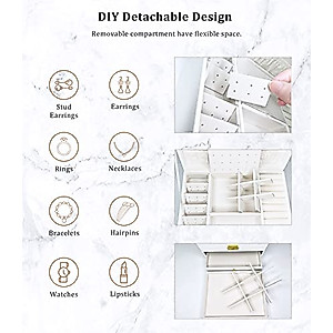 Jewelry Box Organizer for Women Girls, 3 Layer White PU Leather Jewelry Storage Case with 2 Removable Drawers, Mirror, Key Lock and 4 Pcs Jewelry Bags for Rings, Earrings, Necklace, Bracelet
