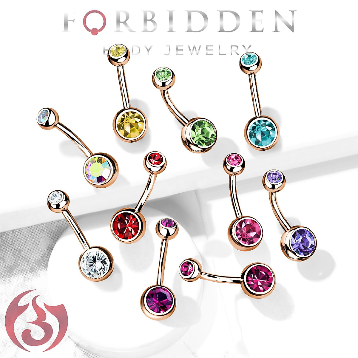 Forbidden Body Jewelry Rose Gold IP Plated Surgical Steel Double CZ Crystal Belly Button Ring (Aurora Borealis)