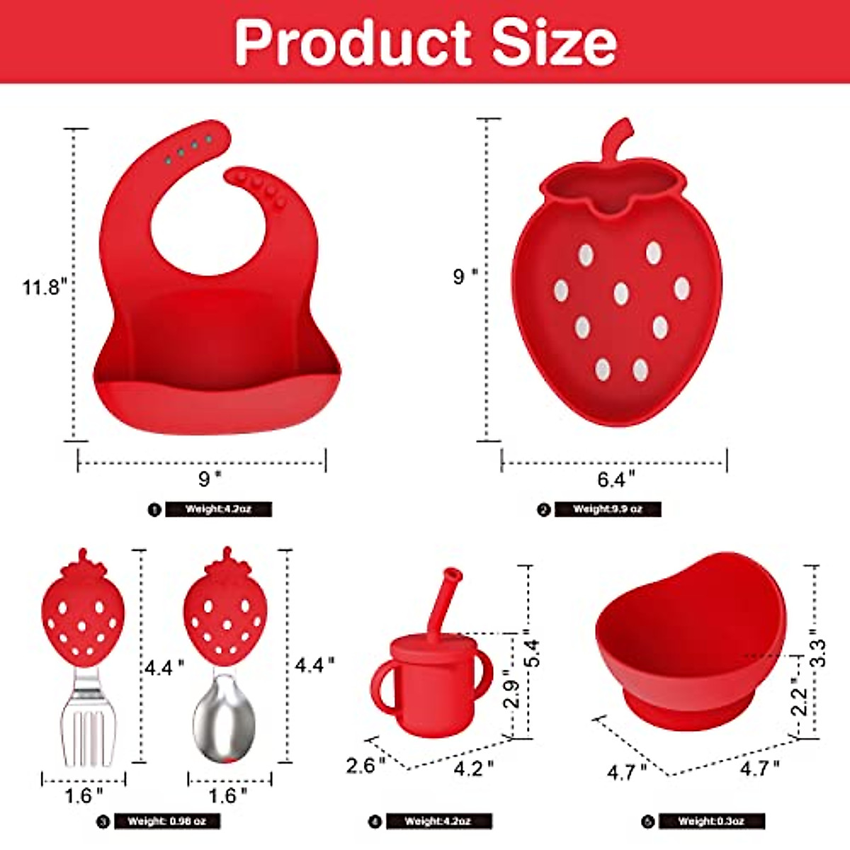 Baby Led Weaning Supplies Pinko Coral Silicone Baby Self Feeding Utensils with Suction Bowl Divided Plate Adjustable Baby Bib Soft Spoon Fork with Lid Drinking Cup Utensil