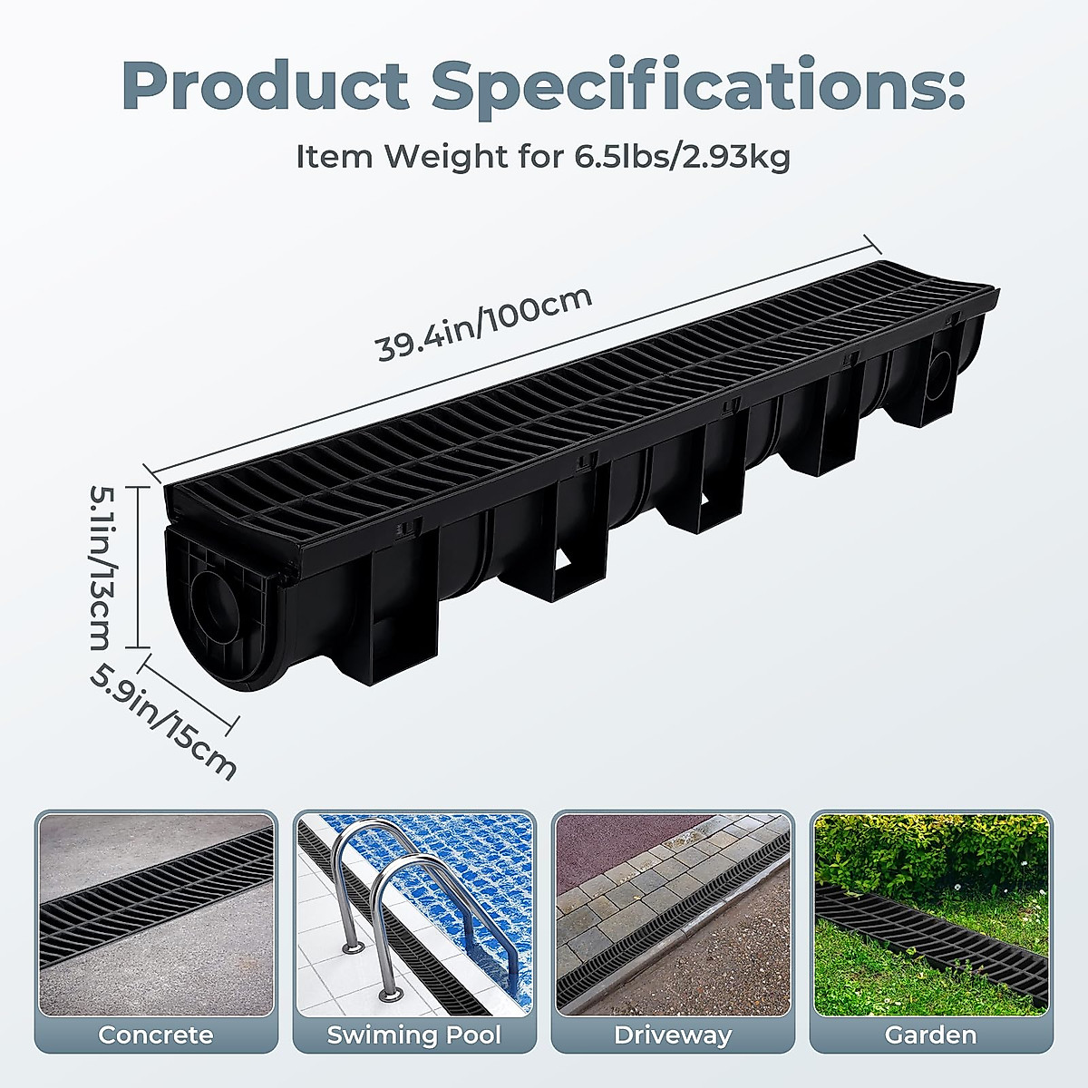 Trench Drain System, Channel Drain with Plastic Grate, 5.9x5.1-Inch HDPE Drainage Trench, Black Plastic Garage and GardenDrain, 6x39 Trench Drain Grate, with 6 End Caps,Convenient Assembly（6 Pack）
