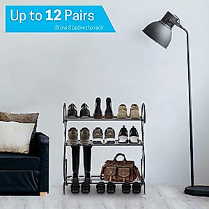 CLSYO 3-Tier Shoe Rack, Metal Shoe stand Organizer, Shoe Shelf for Storage Closets, Entryway, Hallway and Cloakroom, Black