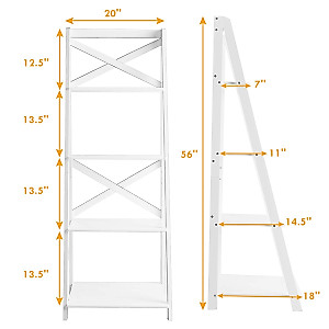 Tangkula 4-Tier Ladder Shelf Bookcase Leaning Free Standing Wooden Frame Decor Bookshelf Storage Flower Shelf Plant Display Shelf for Home Office (White, 1)