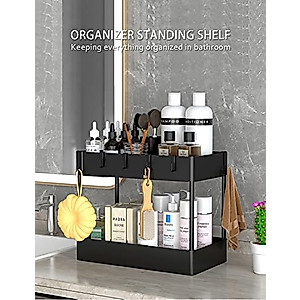 Axbima 2 Tier Under Sink Organizer, Under Bathroom Sink Storage, Under Kitchen Sink Shelf Rack with 2 Hanging Cups & Hooks for Cabinet Countertop Bathroom Laundry Garages (Black)
