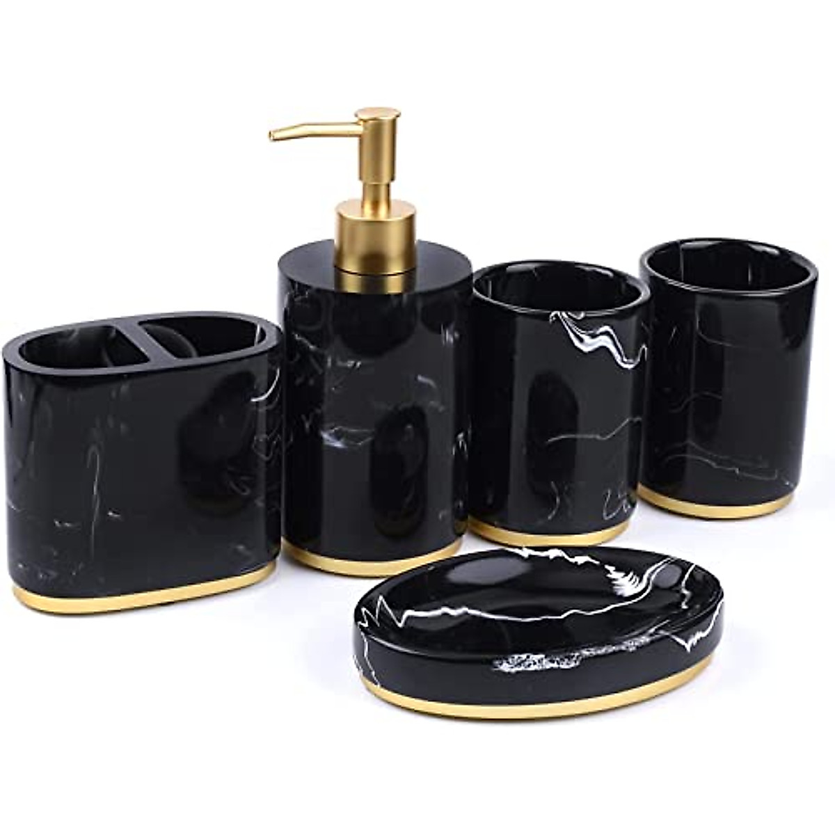 5-Piece Bathroom Counter Top Accessory Set - Dispenser for Liquid Soap or Lotion, Soap Dish, Toothbrush Holder and 2 Tumblers, Gold Base, Marble Pattern Resin, Ink Black