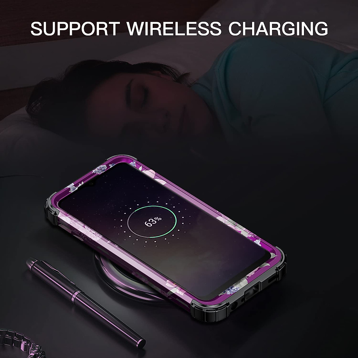 LONTECT for Galaxy A03S Case Floral Shockproof Rugged Heavy Duty 3 in 1 Hybrid Sturdy High Impact Protective Cover Case for Samsung Galaxy A03S 6.5 inch,Purple Flower/Black