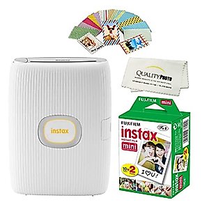 Fujifilm Instax Mini Link 2 Smartphone Printer Plus Films 20 Pack, Stickers and Bonus All-Purpose Microfiber Cloth (Clay White)