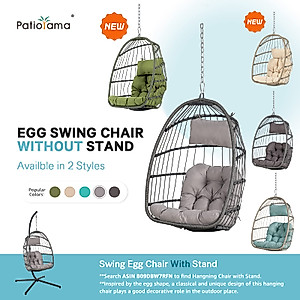 Patiorama Indoor Outdoor Egg Swing - Rattan Hanging Chair w/Cushion, 350lbs Capacity, All Weather Foldable Hammock Chair for Bedroom, Porch (Light Grey)