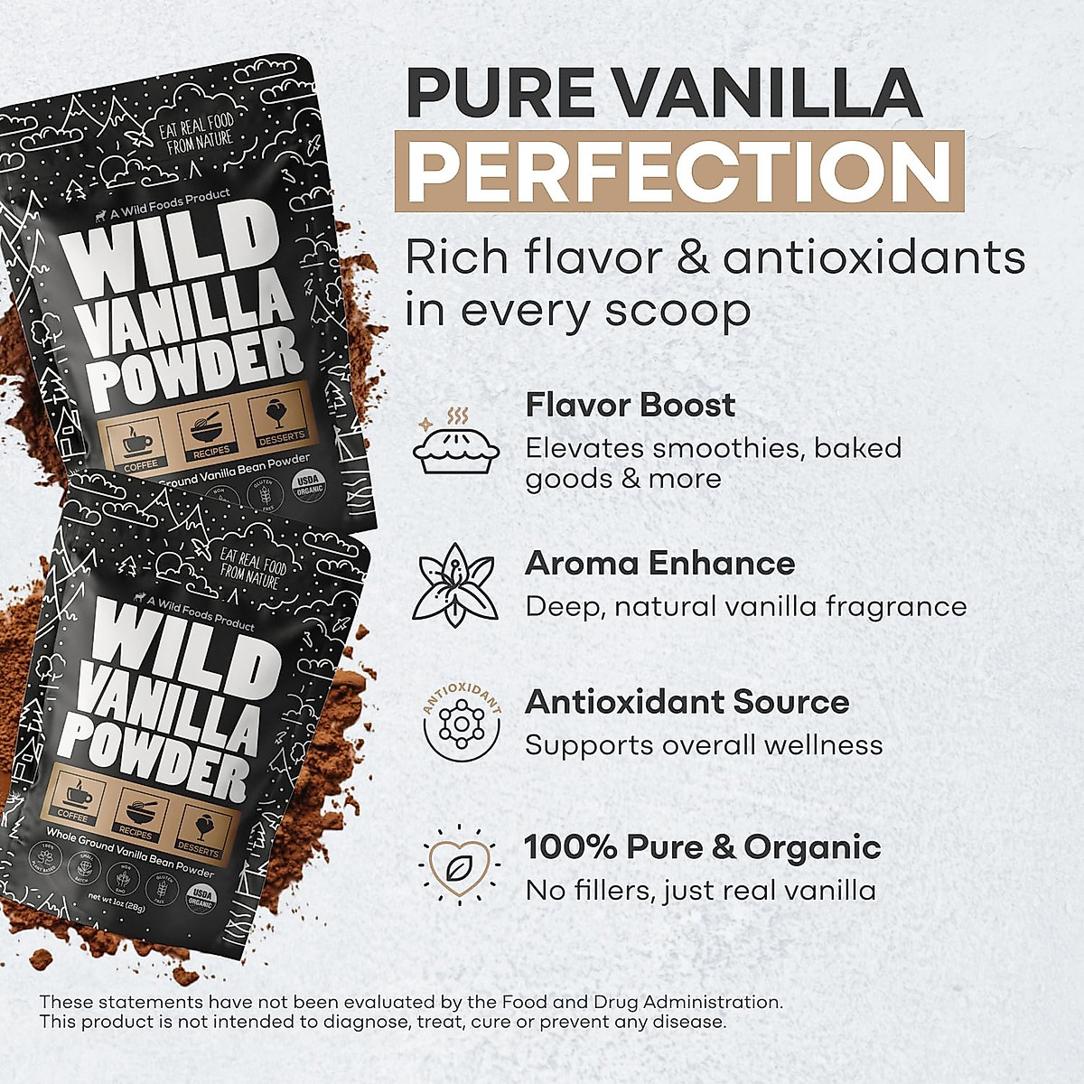 Wild Foods Organic Vanilla Bean Powder - All Natural Pure Vanilla from Madagascar - For Baking Cooking Coffee Flavoring & Smoothies - Unsweetened Gluten Free Non GMO Superfood (1 ounce)