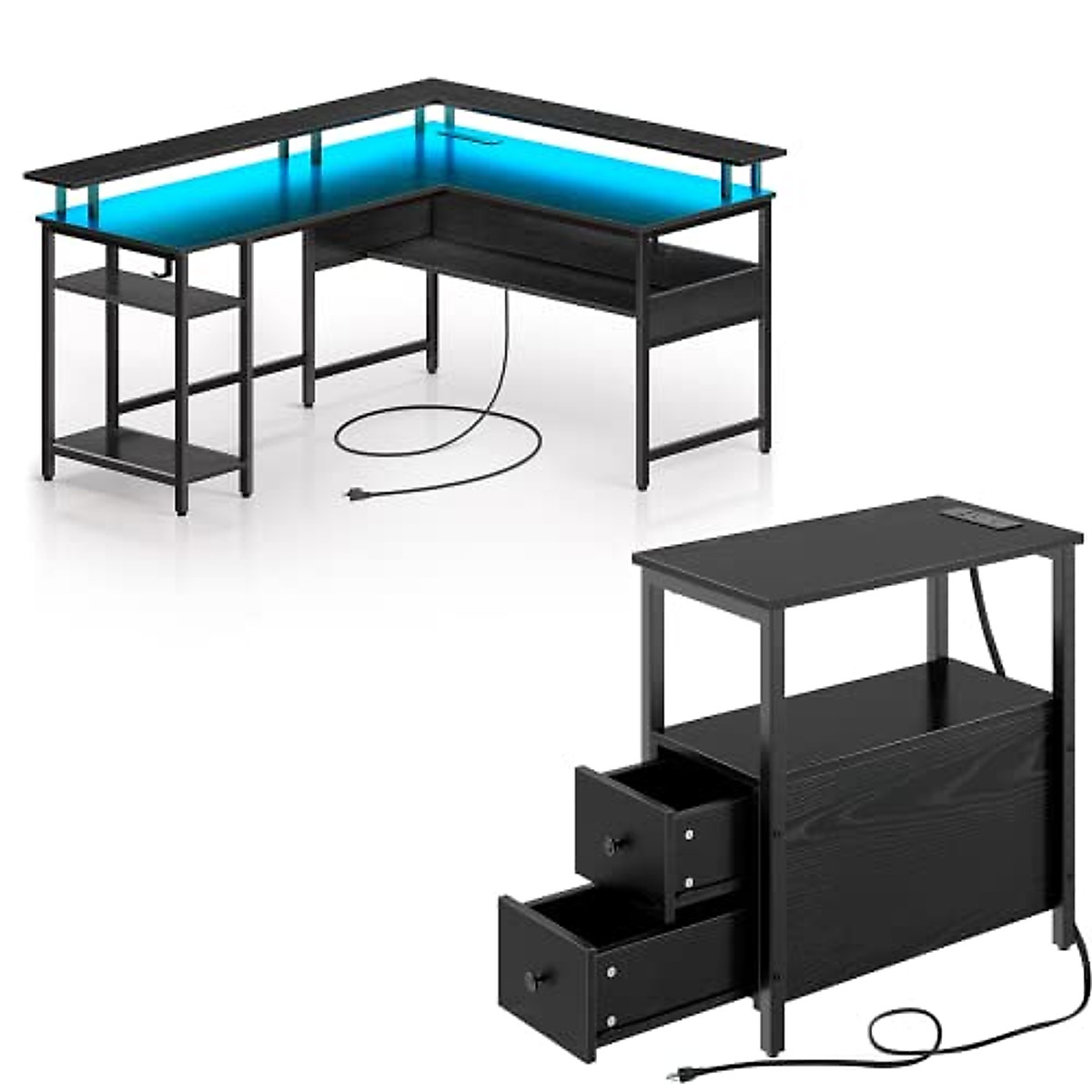 Rolanstar Computer Desk L Shaped 59'' with LED Lights and Power Outlets, Reversible L Shaped Gaming Desk Bundle End Table with Charging Station, Narrow Side Table with 2 Wooden Drawers
