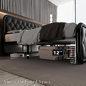 Feonase King Bed Frame with Rhombus Button Tufted, Oval-Shaped Metal Platform Bed with Faux Leather Headboard, Strong Slats Support, 12" Under-Bed Storage, Noise-Free, Easy Assembly, Black