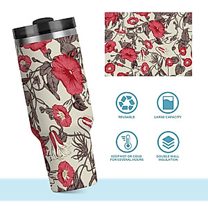 Yasala Car Tumbler with Handle Trumpet Flower Red Travel Mug Coffee Cup Insulated Beverage Container Mega Cup for Hot Cold Drinking Thermos Water Bottle Cupholder Friendly 40 oz