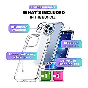 Oovial [Full Protection] iPhone 13 Pro Max CLEAR Case Bundle with 1 Tempered Glass Screen Protector, 1 Camera Lens Protector and 2 Pack Cleaning Kits [Anti-Yellowing Technology Military Grade Protection] 6.7 Inch