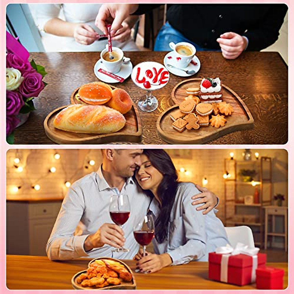 2 Pcs Heart Shape Wooden Serving Tray Plate Romantic Wedding Wooden Plate Sweetheart Table Serving Platter for Valentine Day Mother's Day DIY Unique Food Cake Snack Fruit Nuts, 9.84 x 9.84 x 0.79 Inch