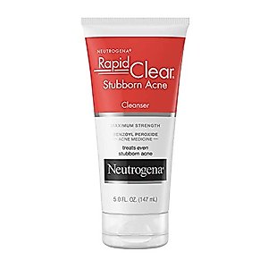 Neutrogena Rapid Clear Stubborn Acne Face Wash with 10% Benzoyl Peroxide Acne Treatment Medicine, Daily Facial Cleanser to Reduce Size and Redness of Acne, Benzoyl Peroxide Acne Face Wash, 5 Fl Oz