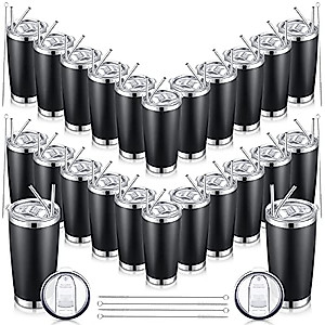 SEEWEY 24 Pack Insulated Travel Tumblers 20oz Tumbler Double Wall Vacuum Travel Mug with Lid and Straw Stainless Steel Double Wall Coffee Cups Powder Coated Coffee Mug for Cold and Hot Drinks (Black)