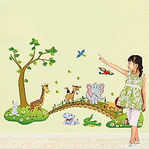 decalmile Jungle Animals Tree Wall Stickers Lion Giraffe Elephant Walking on Bridge Wall Decals Kids Room Baby Room Nursery Bedroom Wall Decor(Finished Size: 48.8 Inch x 31 Inch)