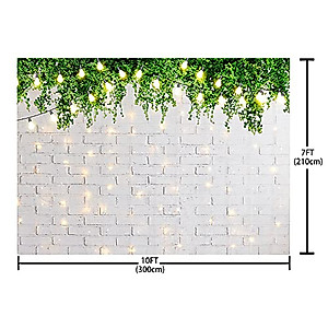 ABLIN 10x7ft Spring Theme White Brick Wall Backdrop for Photography Brick Wall Green Leaves Warm Light Photo Background for Kids Portrait Bridal Shower Party Decorations Props