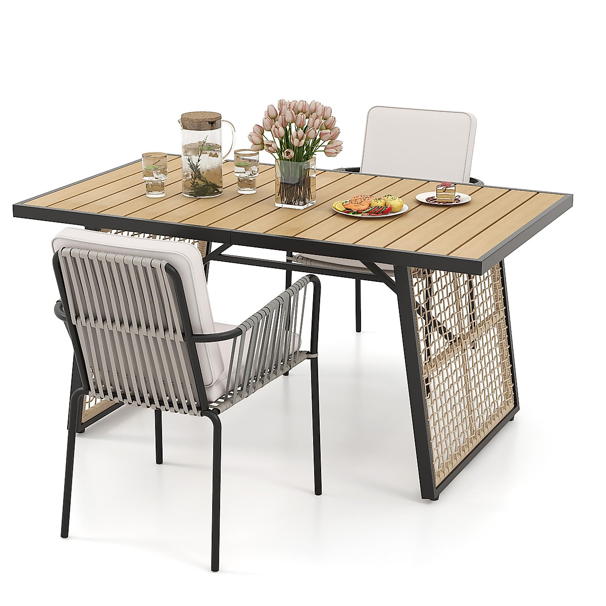 YITAHOME 3 Piece Patio Dining Set Outdoor Furniture Stackable All-Weather Comfortable Rope and Rattan Chairs & Rectangular Table for Courtyard Backyard Poolside Balcony, Nature Wood & Grey