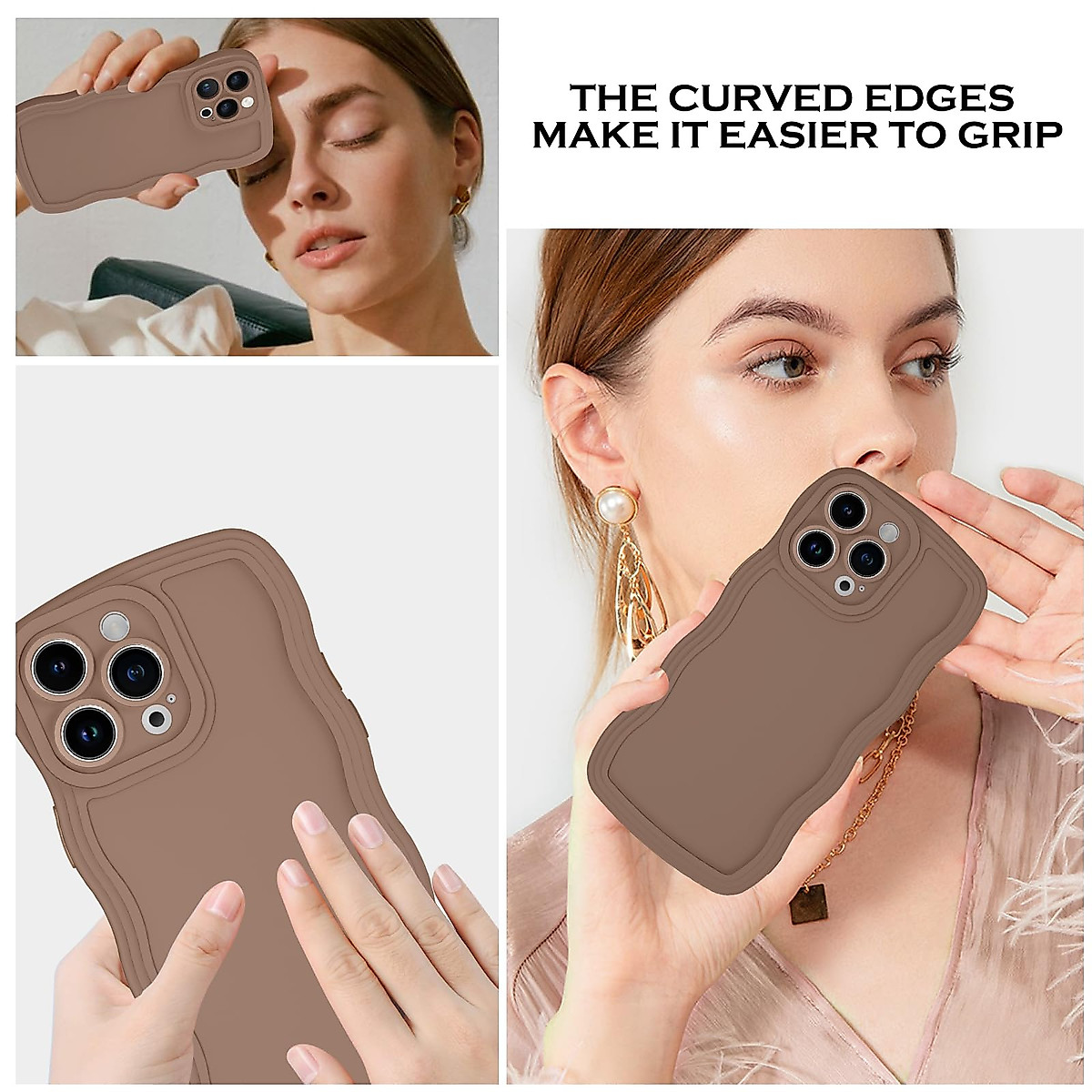 YINLAI Designed for iPhone 13 Pro Max Case 6.7-Inch, Brown Soft Silicone Gel Rubber Phone Cover, Cute Curly Wave Frame Shape Slim TPU Bumper Women Girly Shockproof Protective Case, Khaki
