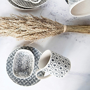 Creative Co-Op Hand-Stamped Stoneware Serving Bowl with Embossed Pattern, Black & Cream Color