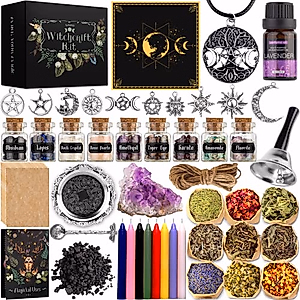 Witchcraft Supplies Kit for Spells, 57 PCS Witch Box Include Dried Herb Crystal Jar Candles Amethyst Cluster Parchment, Wiccan Supplies and Tools, Beginner Witchcraft Kit Witch Stuff for Pagan Rituals