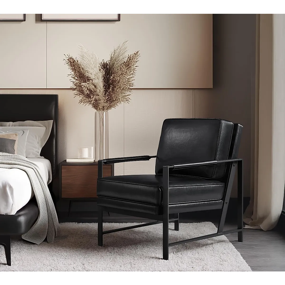 Yaheetech PU Leather Armchair, Retro Leisure Accent Chair with Extra Soft Padded and Cushion, Modern Reading Arm Chair with Black Metal Frame for Living Room/Office/Bedroom/Study Black